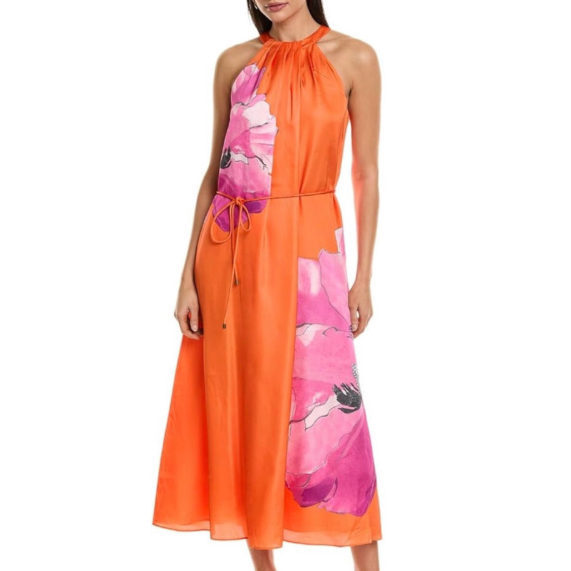 Size 0 1 2 3 4 Halter Neck Floral Print Tie Waist Midi Dress Qa