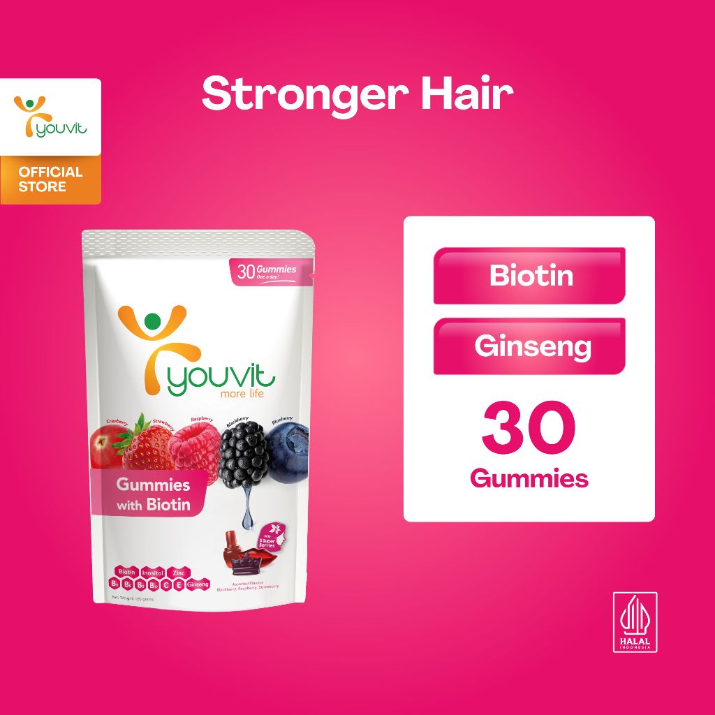 Youvit Biotin Gummy 30 Days (30 Pcs) Vitamin Rambut Gugur with Ginseng ...