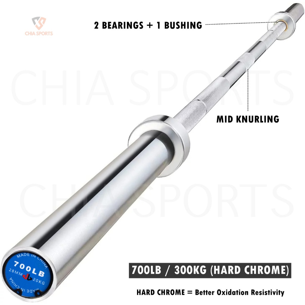 Hard Chrome Barbell 20kg 2.2m 5cm Max Capacity 300kg 700lb Bearing ...