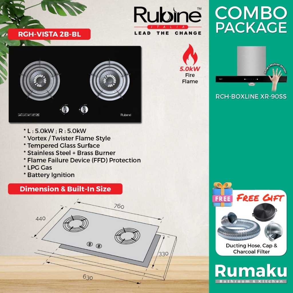 RUBINE BOXLINE-XR VISTA2B Kitchen Hood With Cooker Hob Gas Stove Masak ...