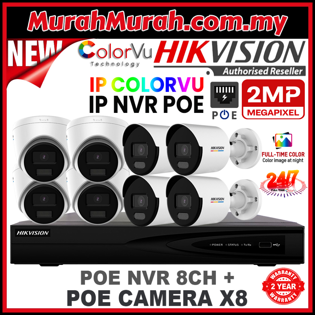 HIK HIKVISION 🌟8 Channel🌟 2.0MP 24/7 Full Time Colour POE + COLORVU ...