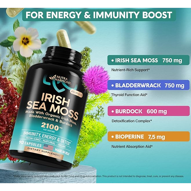 NUTRA HARMONY, Irish Sea Moss 2100mg(per serving), 90 Vegan Capsules ...