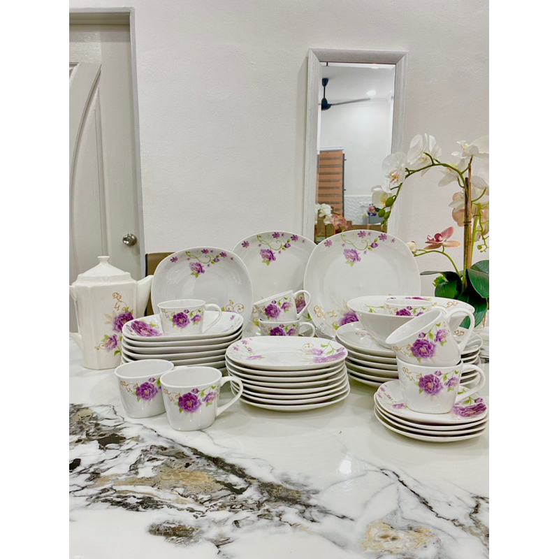 Mega Sales 43pcs FULL SET Pinggan Mangkuk Kaca Porcelain Purple Peony ...