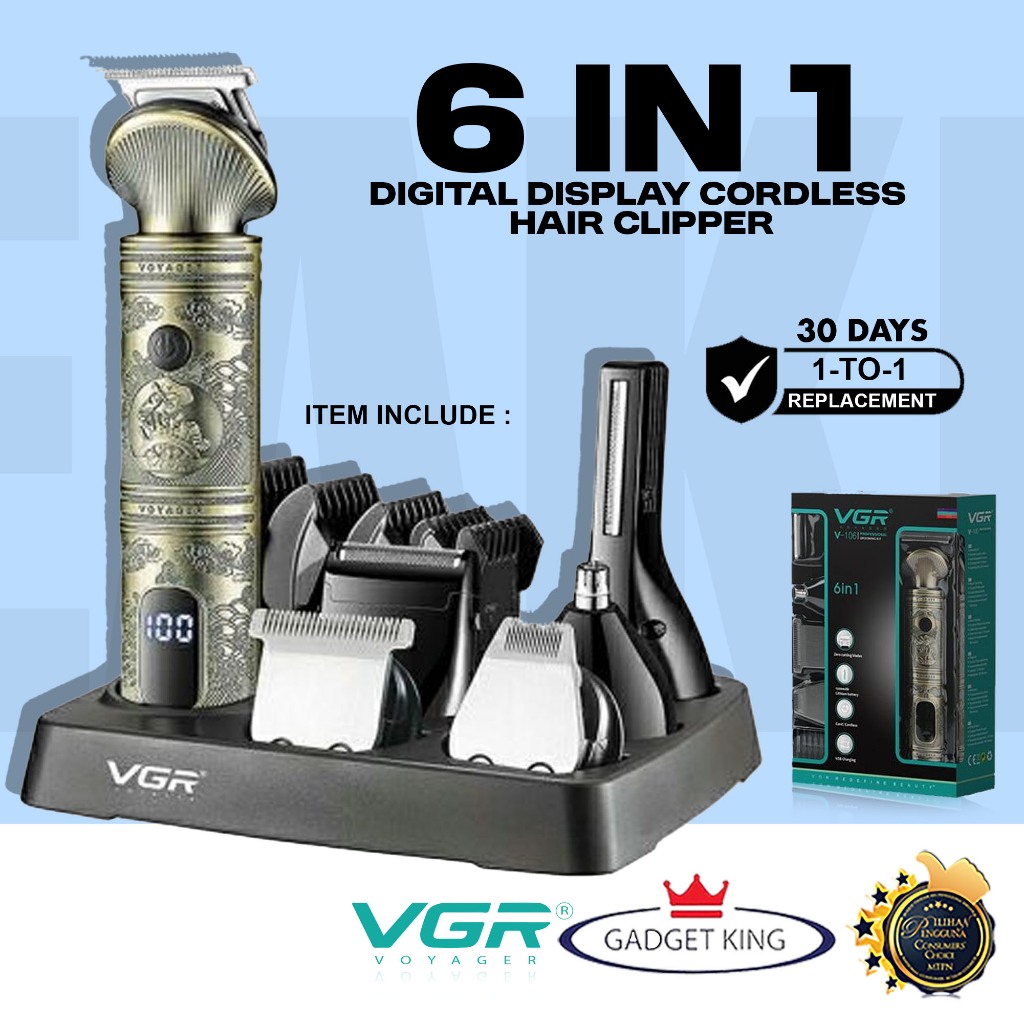 VGR V-106 Professional Hair Clipper Hair Cut Mechine Nose Trim 6in1 USB Charging | Shopee Malaysia