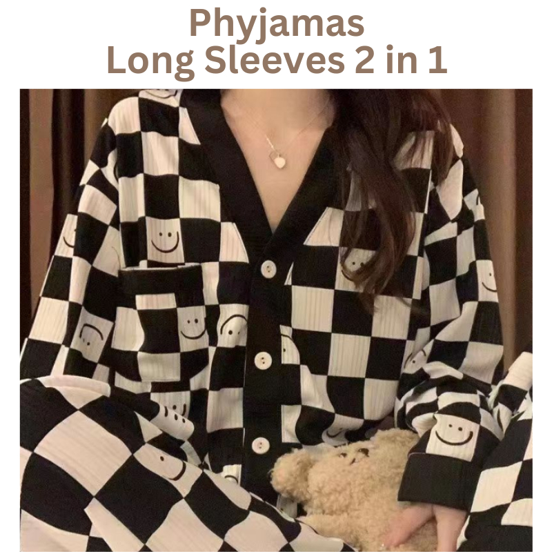 FREE SIZE Women Pyjames 2 In 1 Long Sleeves + Long Pants Pajamas Baju ...