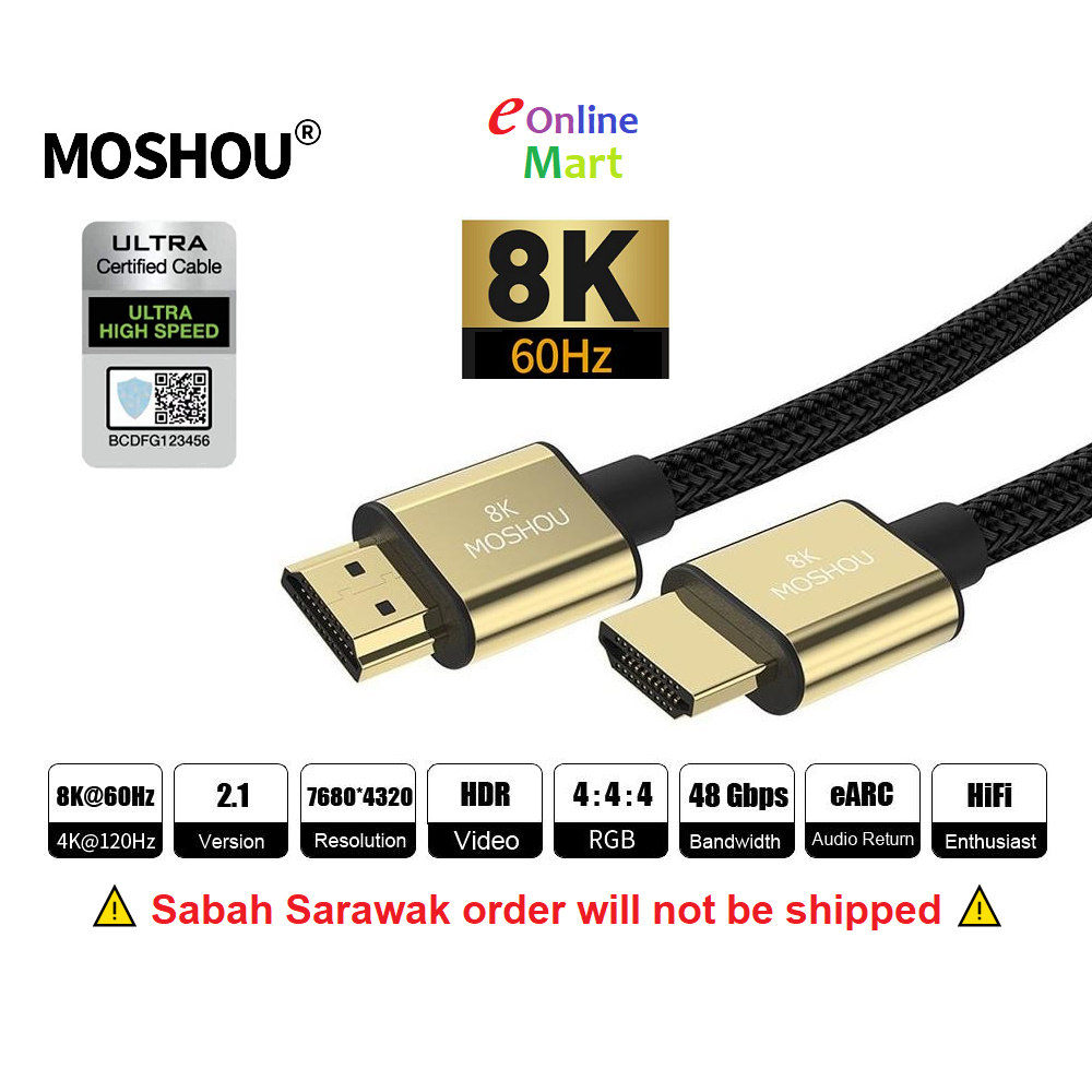 MOSHOU 8K UHD HDMI 2.1 Cable (3D HDR Dolby eARC Atmos) Full HD 2K 4K 8K TV HDMI to HDMI Cable ...