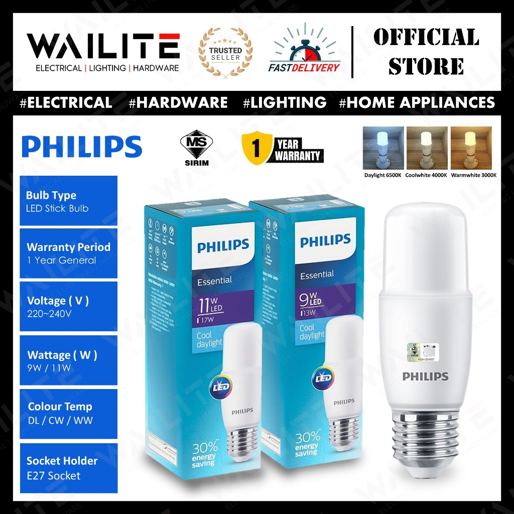 Philips-Essential LED Stick Bulb 6.5W / 9W / 11W ( Daylight / Coolwhite ...
