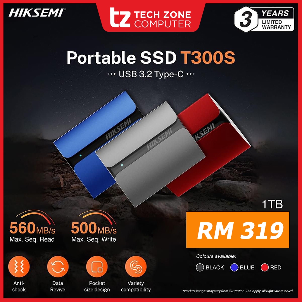Hiksemi T300S 1TB USB 3.2 Type-C Portable SSD (TLC Chipset) External ...