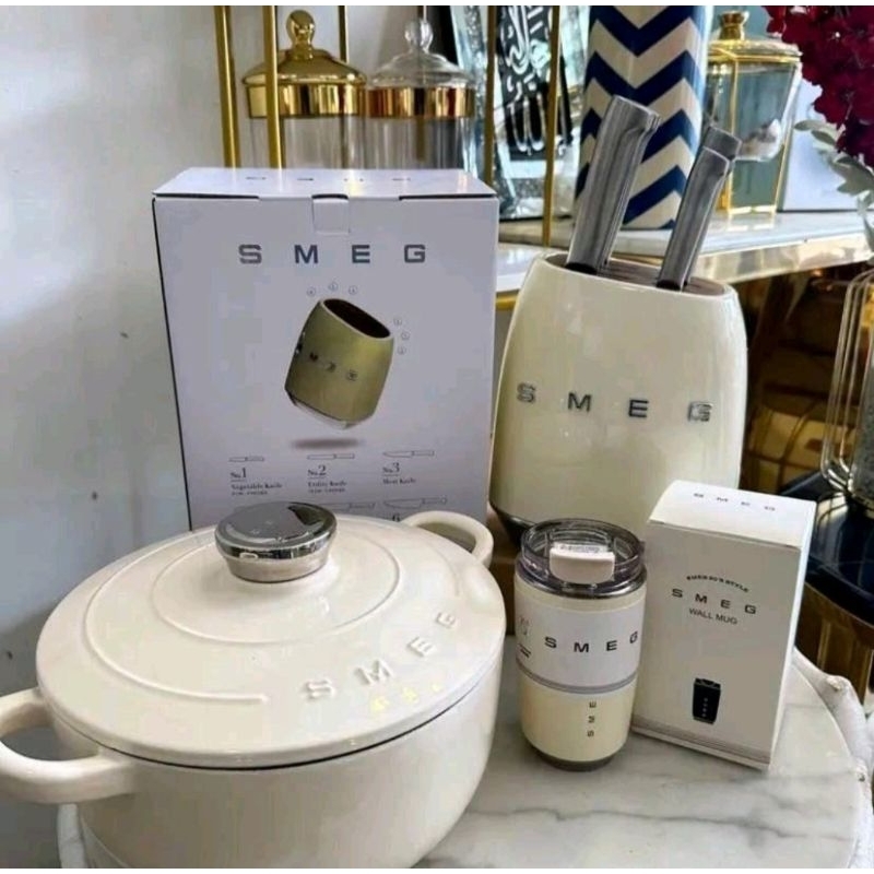 Full Set SMEG Collection Cast Iron Pot with Knife set Free Smeg Thermos ...