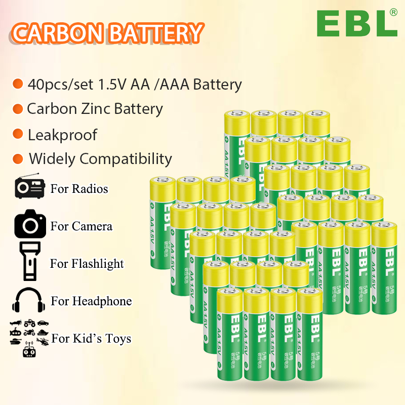 EBL 40Pcs 1.5V AA AAA Carbon Zinc Battery Batteries for Flashlight ...