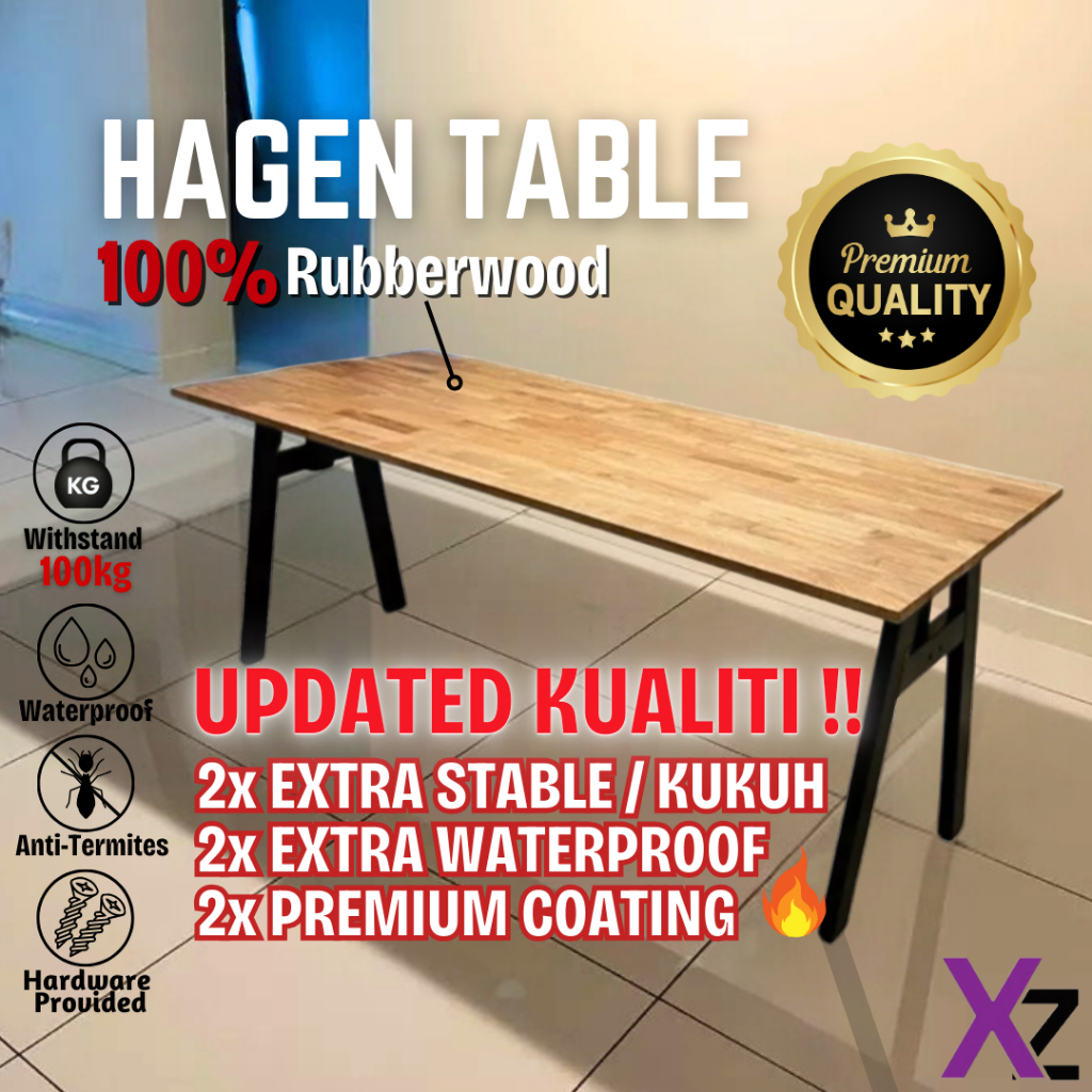 𝗫𝗭 Hagen Table 100% Solid Rubber Wood Dining Table Meja Makan Study ...