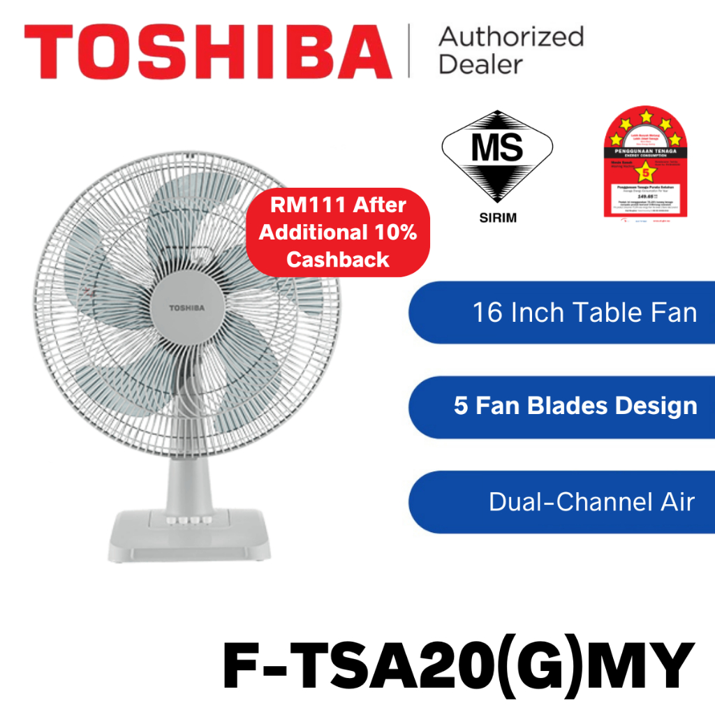 Toshiba / Midea 16" Low Noise Table Fan F-TSA20(G)MY / 5 Star / Cyclone Series (Wind Up to 12M ...