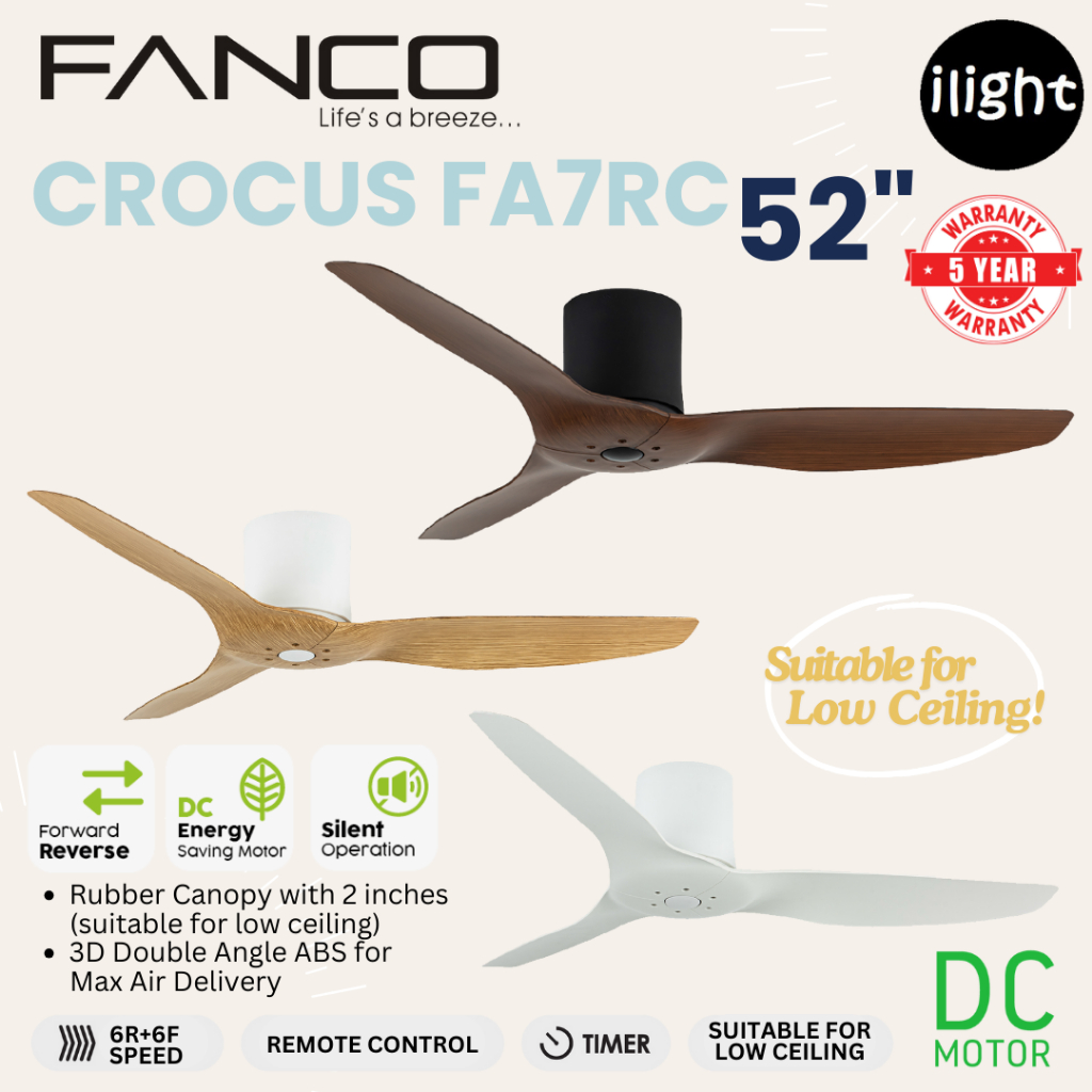 FANCO Crocus FA7RC 52 Inches 3 ABS Blade DC Motor 6R 6F Speed Remote ...