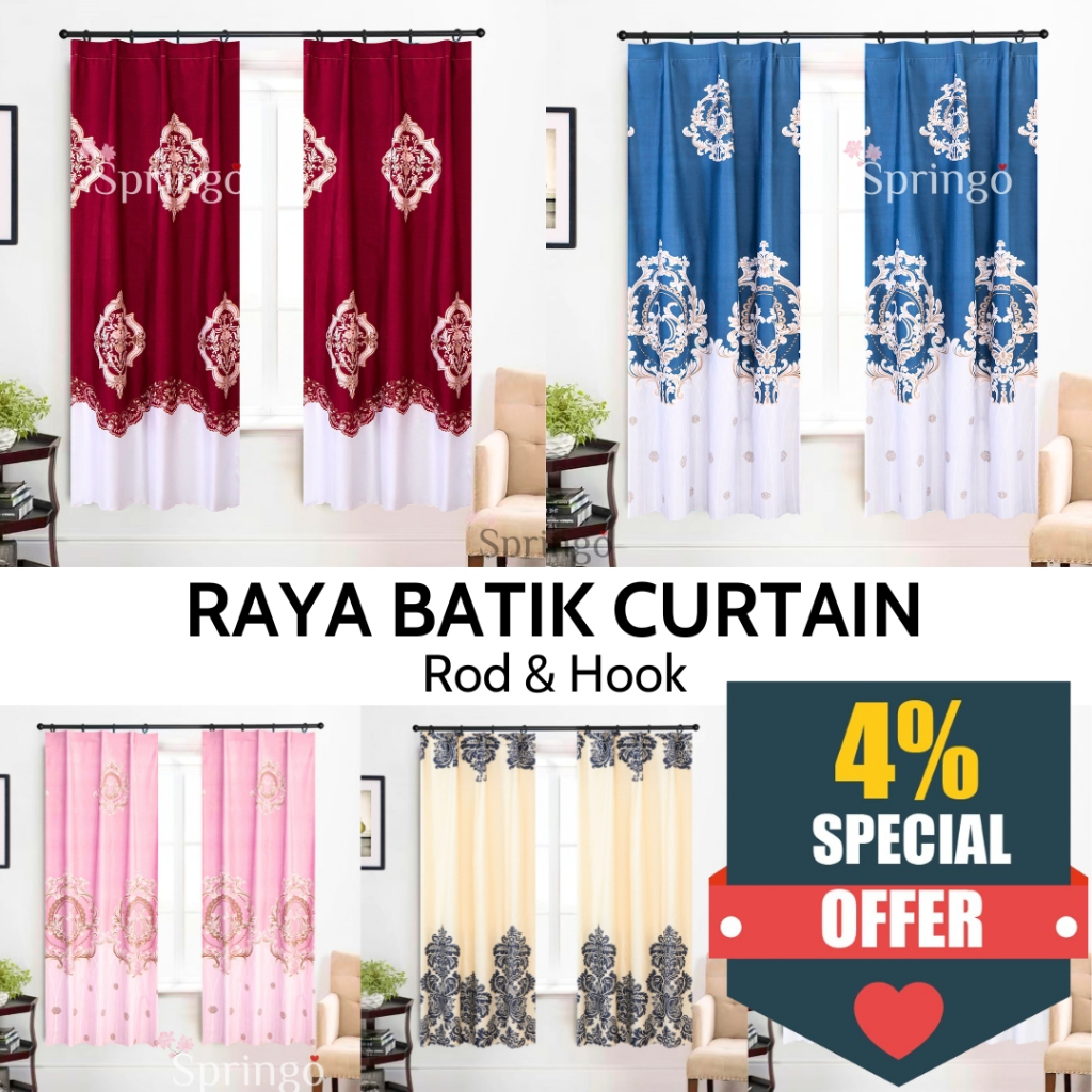 SG Langsir Semi Blackout Floral Batik Design Hook Rod Cangkuk Dawai ...