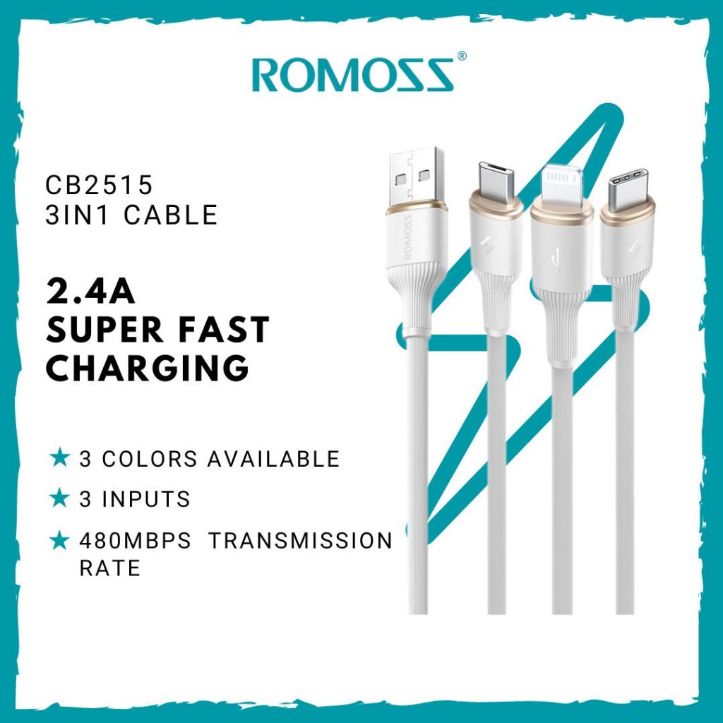 Romoss CB2515 1.2M Charging Cable 3 in 1 L,Type-C Micro USB 2.4A Fast ...