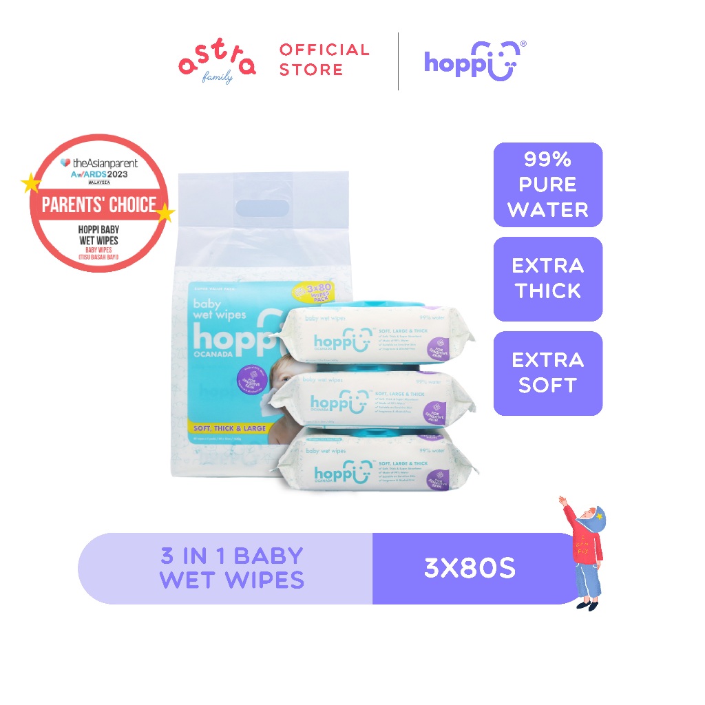 Hoppi Wet Wipes - 80 Sheets - 3in1 Bundle Pack (with Blue Cap) | Shopee ...