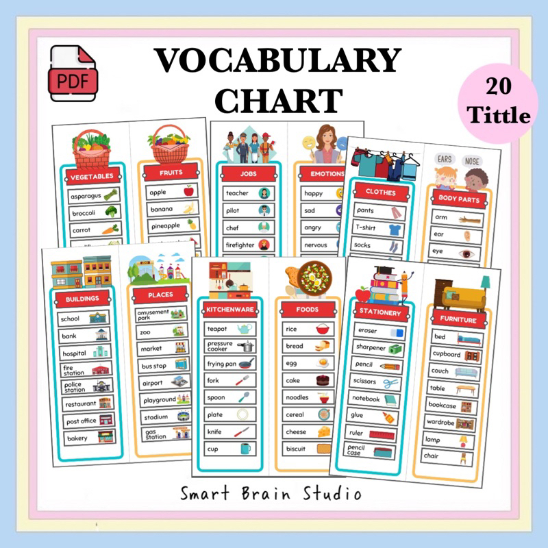 PDF VOCABULARY CHARTS FOR KIDS 10 TITTLE THEME | PRE SCHOOL | Shopee ...