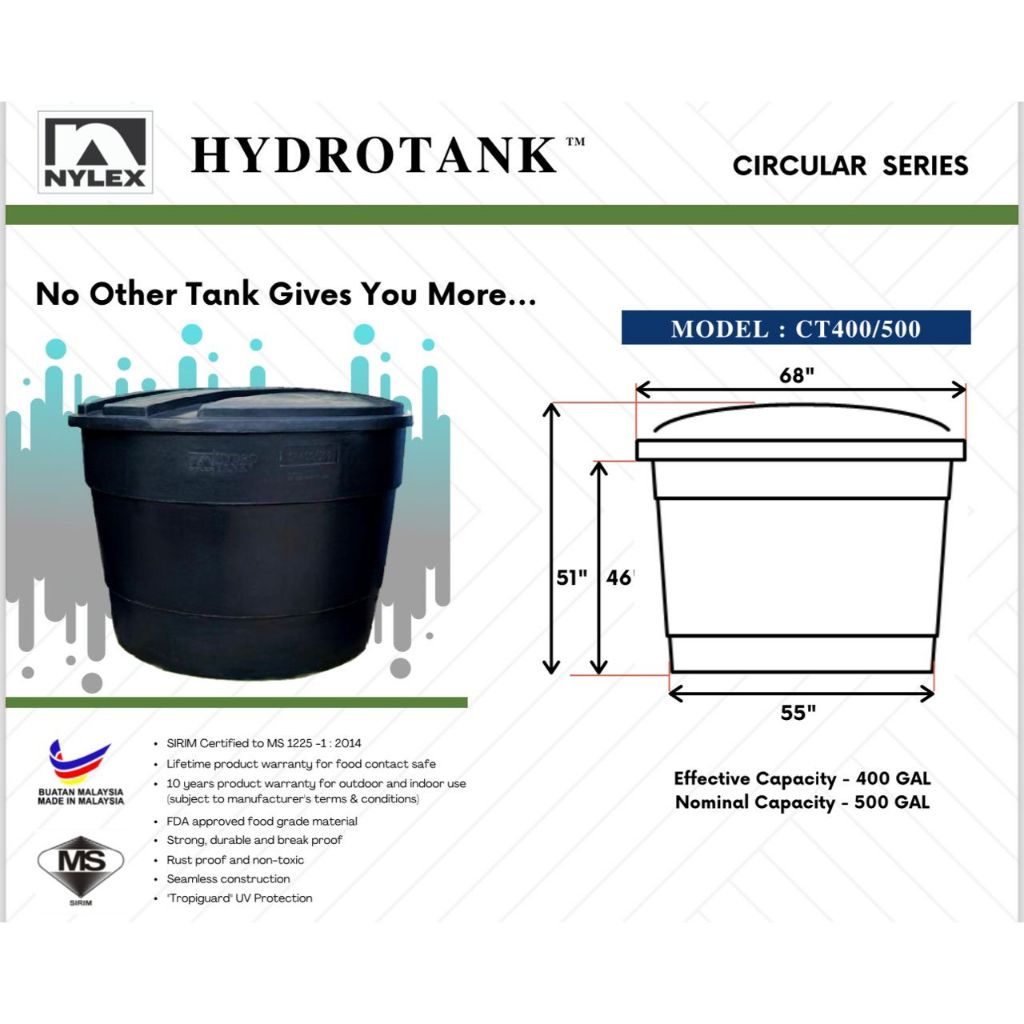 CT 500G NYLEX POLY WATER TANK N400 (68" X 51") [ CT400/500 ] KLANG VALLEY ONLY | Shopee Malaysia