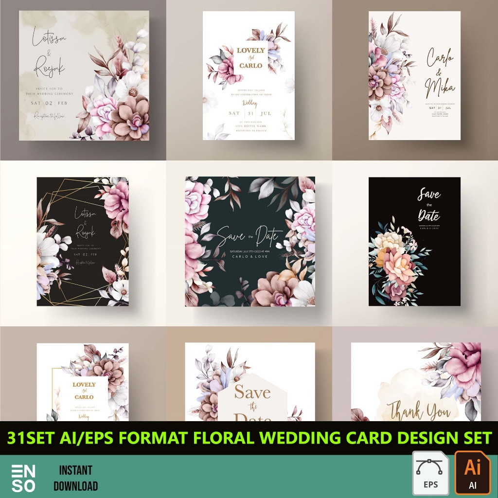 31-Set AI/EPS Format Floral Theme Wedding Card Template Design ...