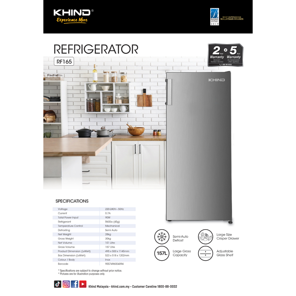 Khind Single door refrigerator / 1 door fridge 157 liter RF165 | Shopee ...