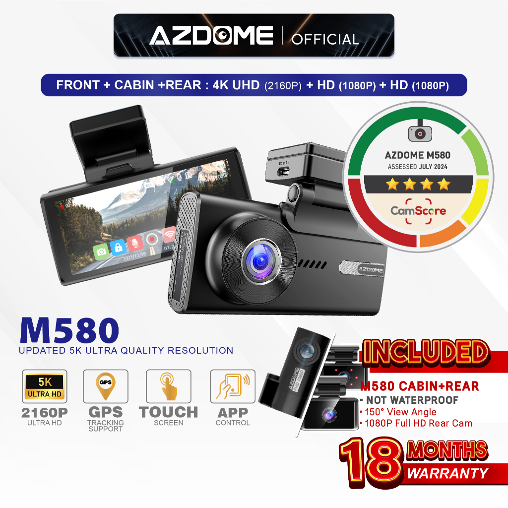 AZDOME M580 2160P/5K Ultra HD Dual/Triple Channel Front & Rear & Cabin ...