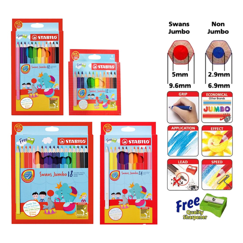 Stabilo Swans Jumbo Colour Pencil 12 / 18 / 24 Color Pensel Warna ...