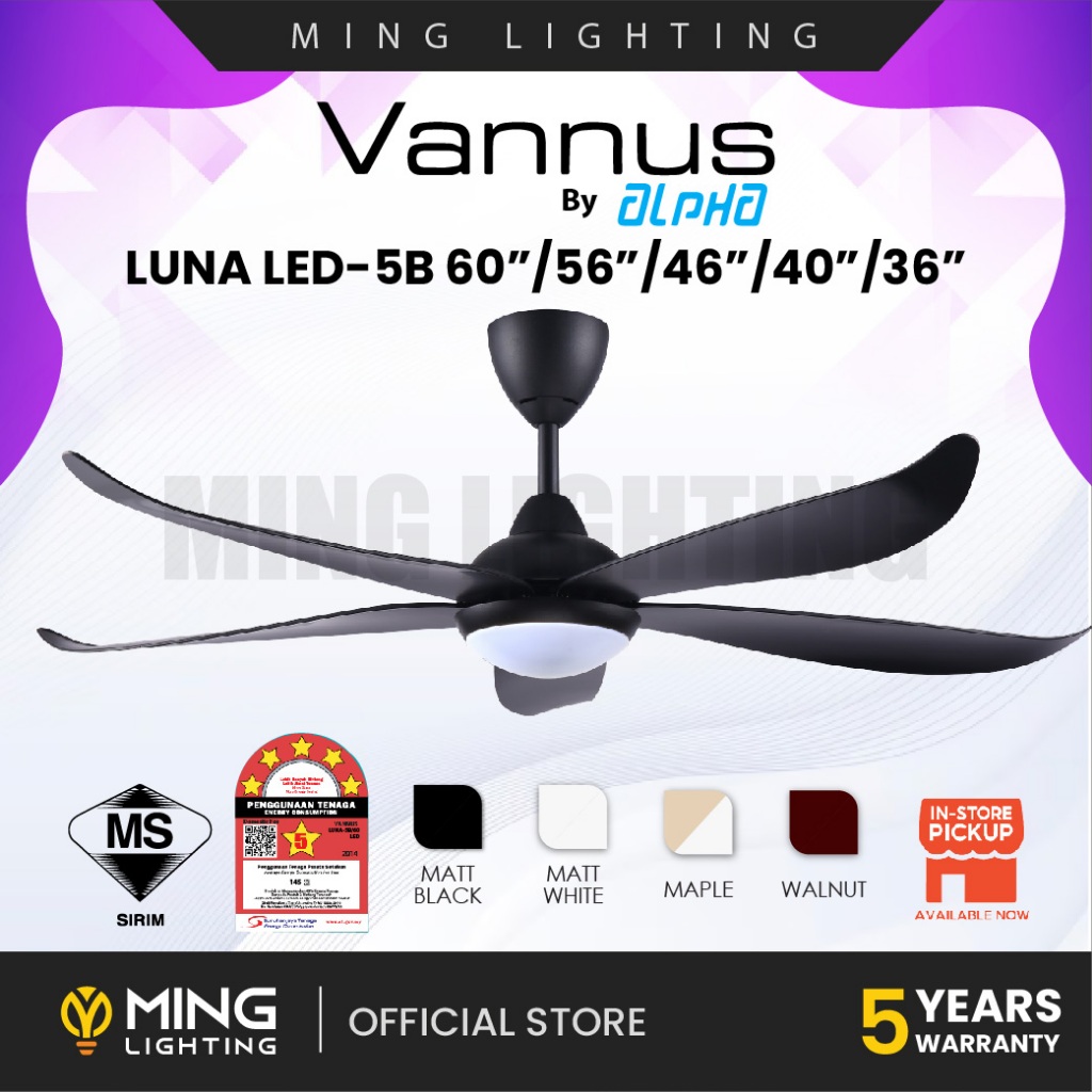(Sirim) ALPHA VANNUS Ceiling Fan LUNA 60" 56" 46" 40" 36" LED Remote ...