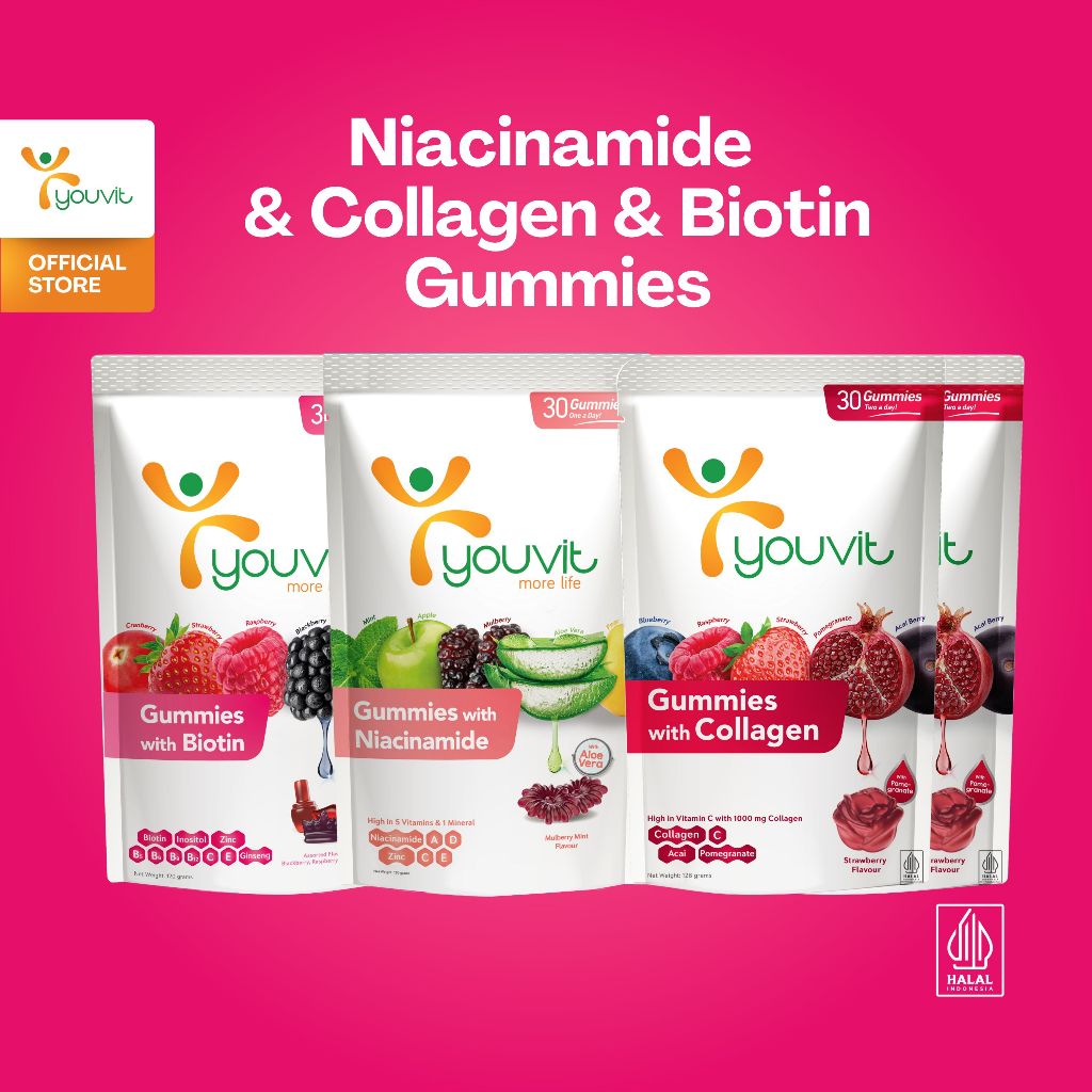 Youvit Niacinamide (30 Pcs), Biotin (30 Pcs), Collagen Gummy (60 Pcs ...