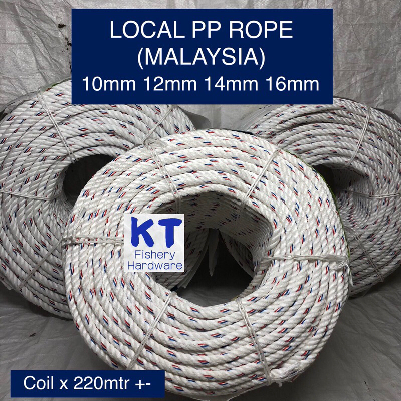 Tali Nylon PP Rope 10mm 12mm 14mm 16mm [220meter] Merah Putih Biru PP ...