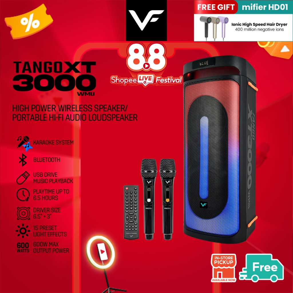 Vinnfier VF Tango XT3000 WMU 600W Bluetooth Speaker HI-FI Loud PartyBox Karaoke Speaker FM Radio ...