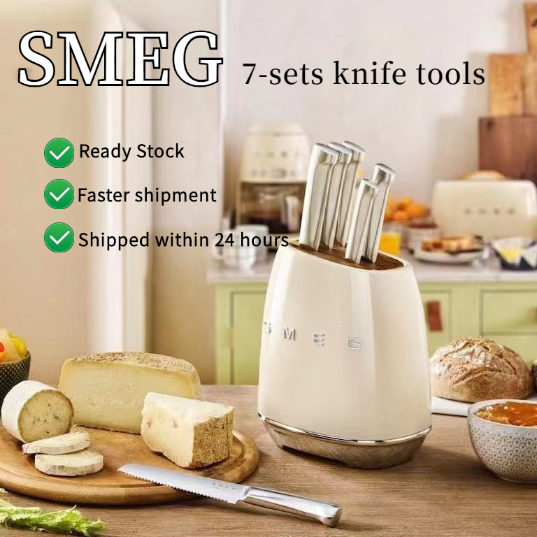 Smeg knife set seven piece retro stainless steel cream colored kitchen ...