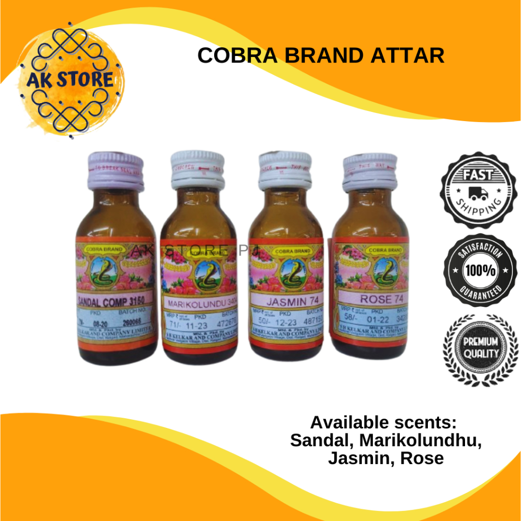 Cobra Brand Attar (25ml) - Rose/ Jasmine/ Marikolundu/ Sandal | Shopee ...