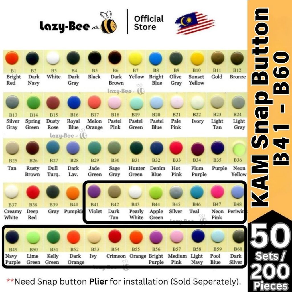 50 Sets (200 pieces) B41-B60 T5 KAM Glossy Snap Button Plastic Fastener ...