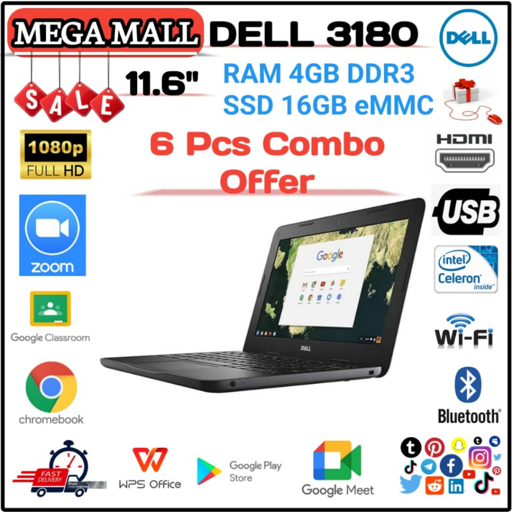 💥[6 Pcs]💥 Dell Chromebook 3180 Laptop Intel Celeron N3060 Processor, 4GB Ram, 16GB SSD, Wi-Fi ...