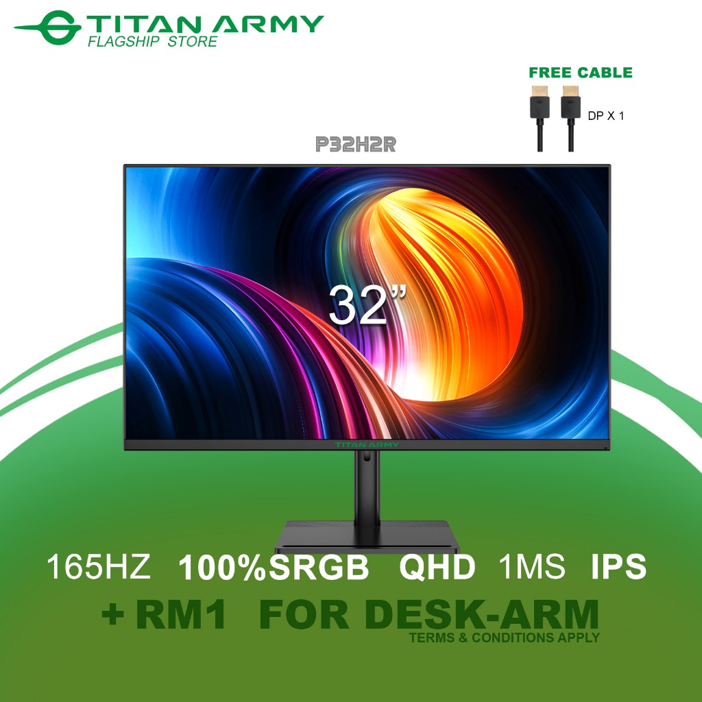 TITAN ARMY 32” IPS 2K QHD 165Hz 1ms HDR10 100%sRGB Adaptive Sync Gaming ...