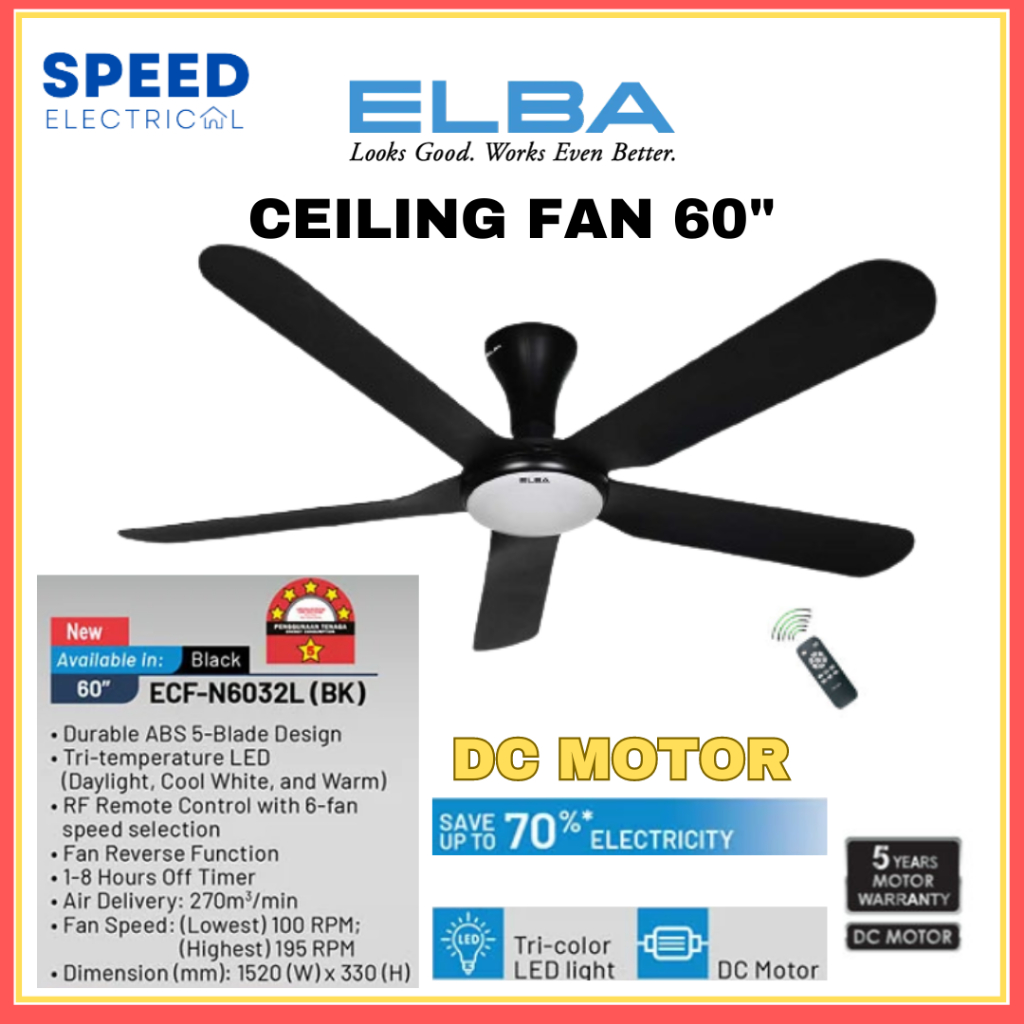 ELBA CEILING FAN WITH LED LIGHTS ECF-N6032L REMOTE CONTROL DC MOTOR ...