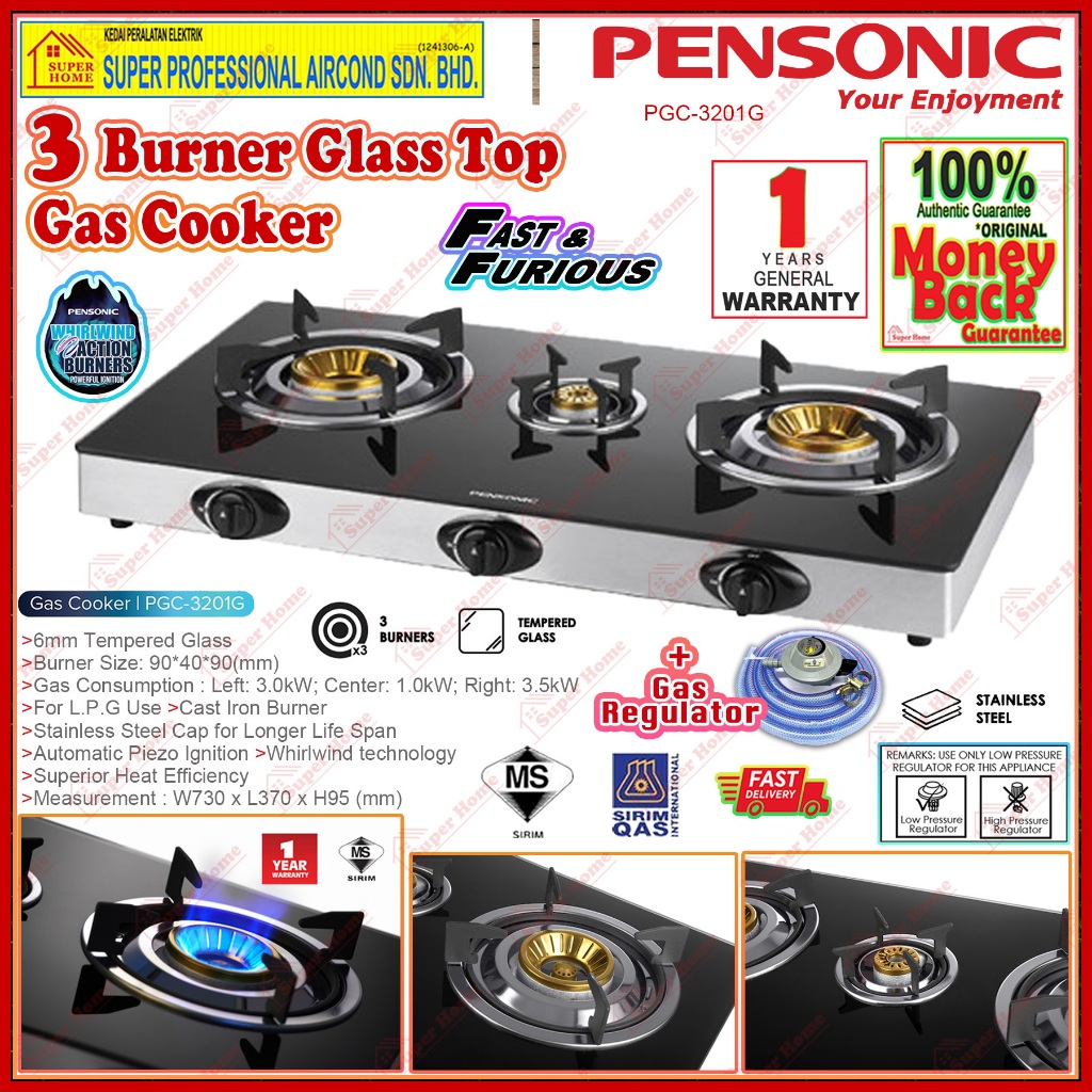 Pensonic Gas Stove PGC-3201G 3 Burners Glass Gas Cooker (6mm Tempered ...