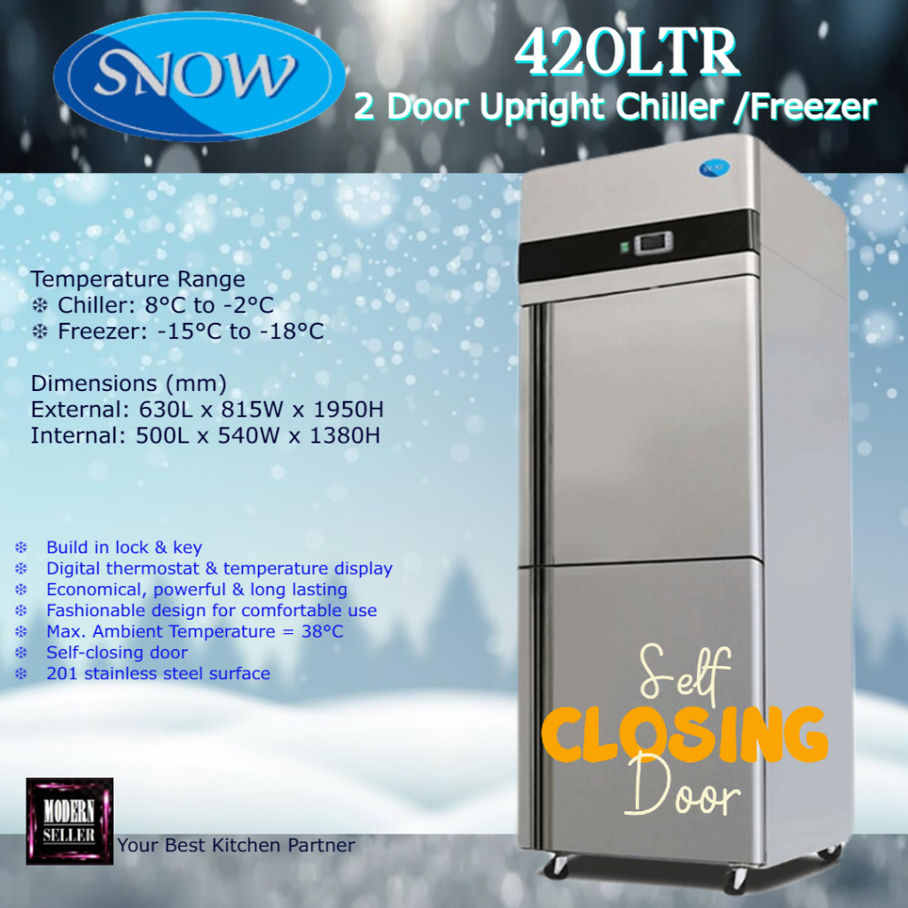 SNOW STAINLESS STEEL UPRIGHT 2 DOOR CHILLER/ FREEZER 420L (1 year ...