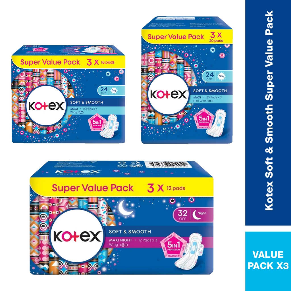 Super Value Pack X3 Kotex Soft & Smooth Maxi Wing or Non-Wing 24CM / 32CM - Assorted Sizes ...