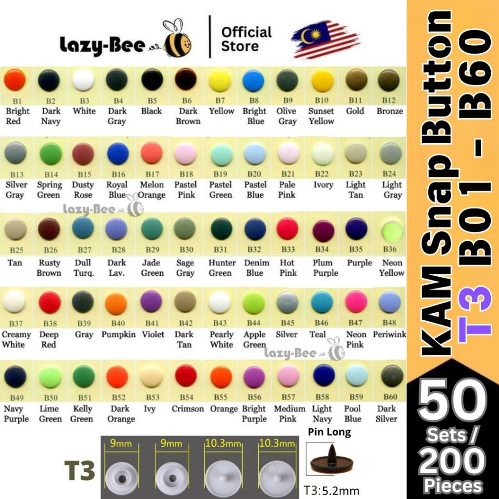 LAZY BEE 50 Sets 200 pieces T3 KAM Snap Button Plastic Buttons KAM ...