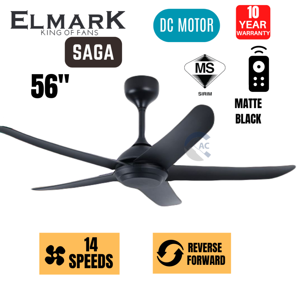 Elmark Remote Control Ceiling Fan 56” | 14 Speeds | Matt Black ...