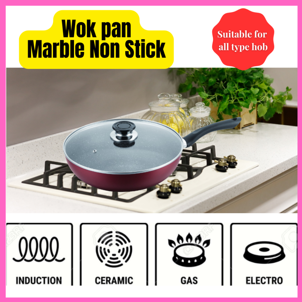 Wok Pan Marble Non Stick 30CM with Glass Lid Kuali Non Stick Induction ...