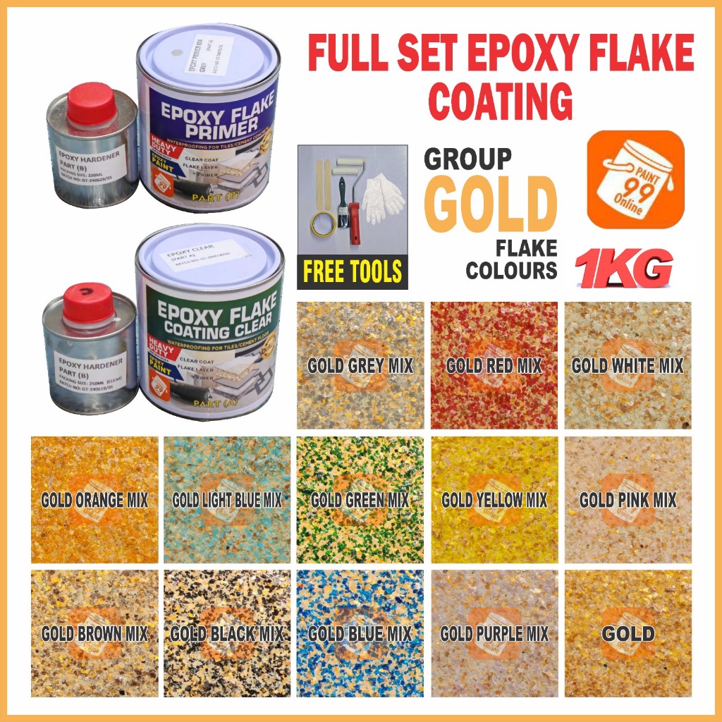 1L/1KG GOLD FLAKE COLOUR PAINT99 FULL SET Epoxy Colour Flake Coating Toilet Floor Tile Leaking ...