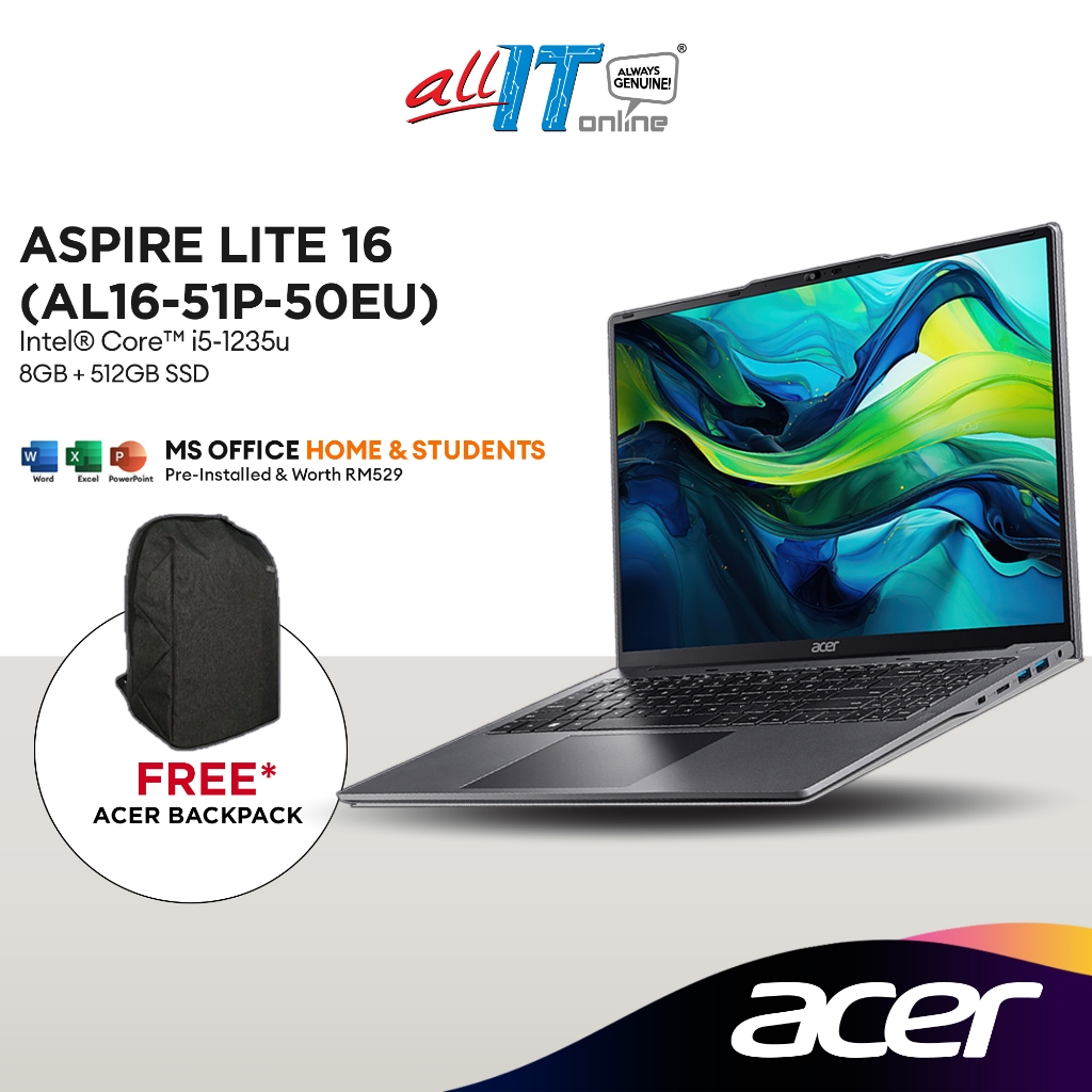 Acer Aspire Lite 16 AL16-51P-50EU 16" WUXGA Laptop (Intel® Core™ i5-1235U | 8GB | 512GB SSD ...