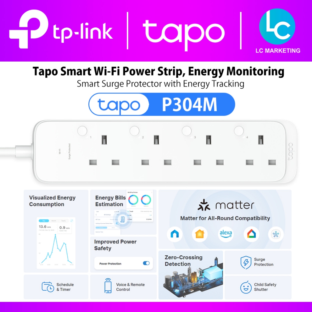 TP-Link Tapo P304M 4 Outlets Smart Wi-Fi Power Strip Extension Plug ...