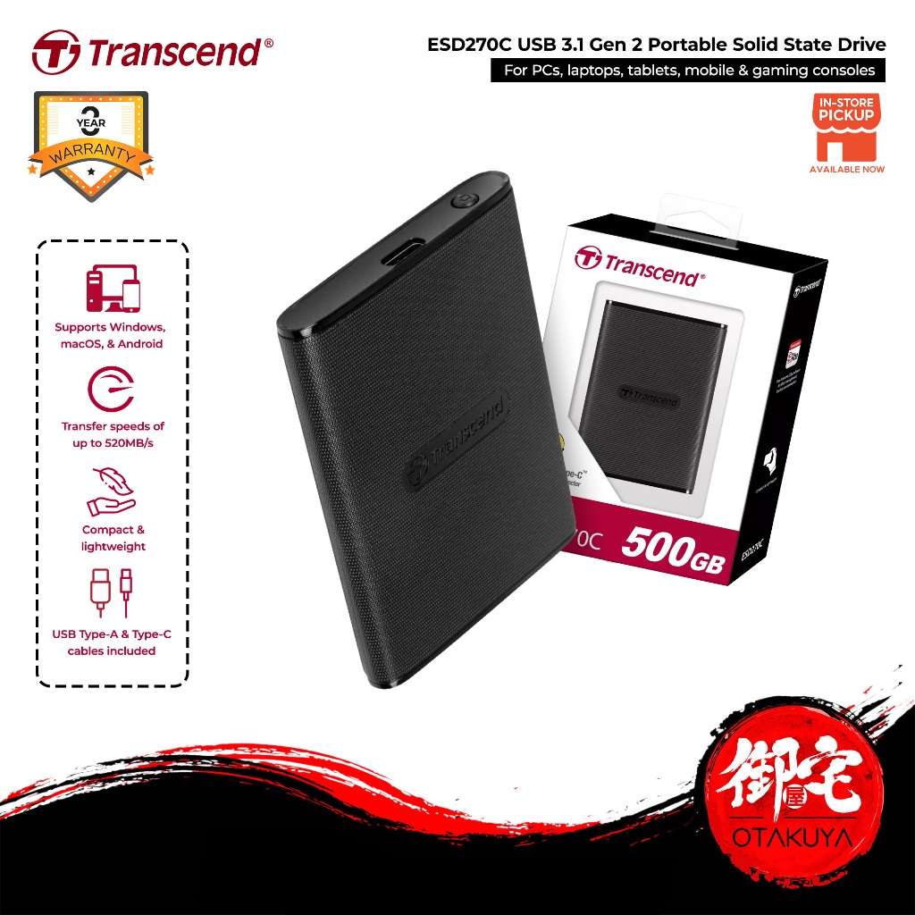 Transcend ESD270C 500GB USB3.1 Gen 2 USB 10Gbps Portable SSD (3 Years ...