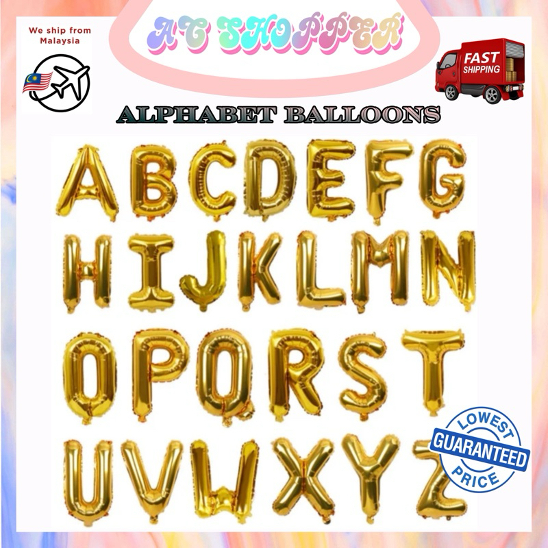 Ballon Alphabet 26 U to Z Letter & NUMBERS 0-9 Ballon foil Huruf Gold ...