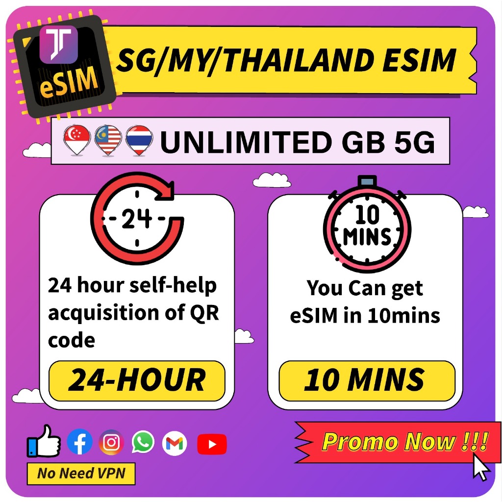JTravel eSIM【 Singapore 】【 Malaysia 】【 Thailand 】UNLIMITED GB Travel Prepaid Digital SIM 新马泰 B ...