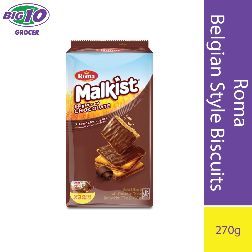 Roma Malkist Chocolate Biscuit Belgian Style Chocolate 270g (3 x 90g ...