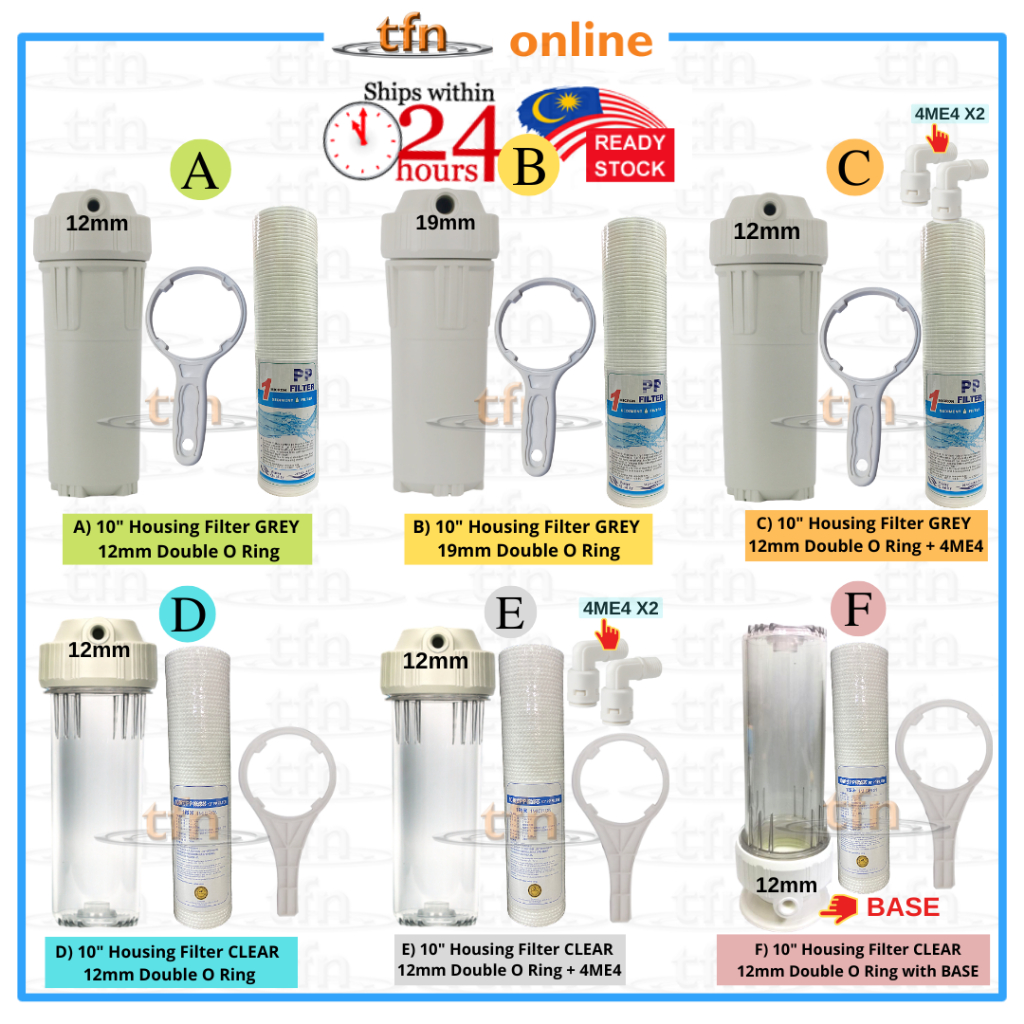 TFN 10” Housing Water Filter DOUBLE O RING GREY OR CLEAR with PP Fibre ...